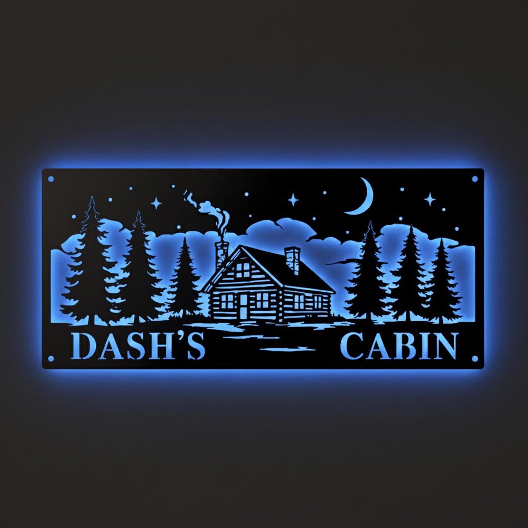 Personalized Metal Cabin Name Sign LED Light, Pine Tree Log Cabin Sign ...