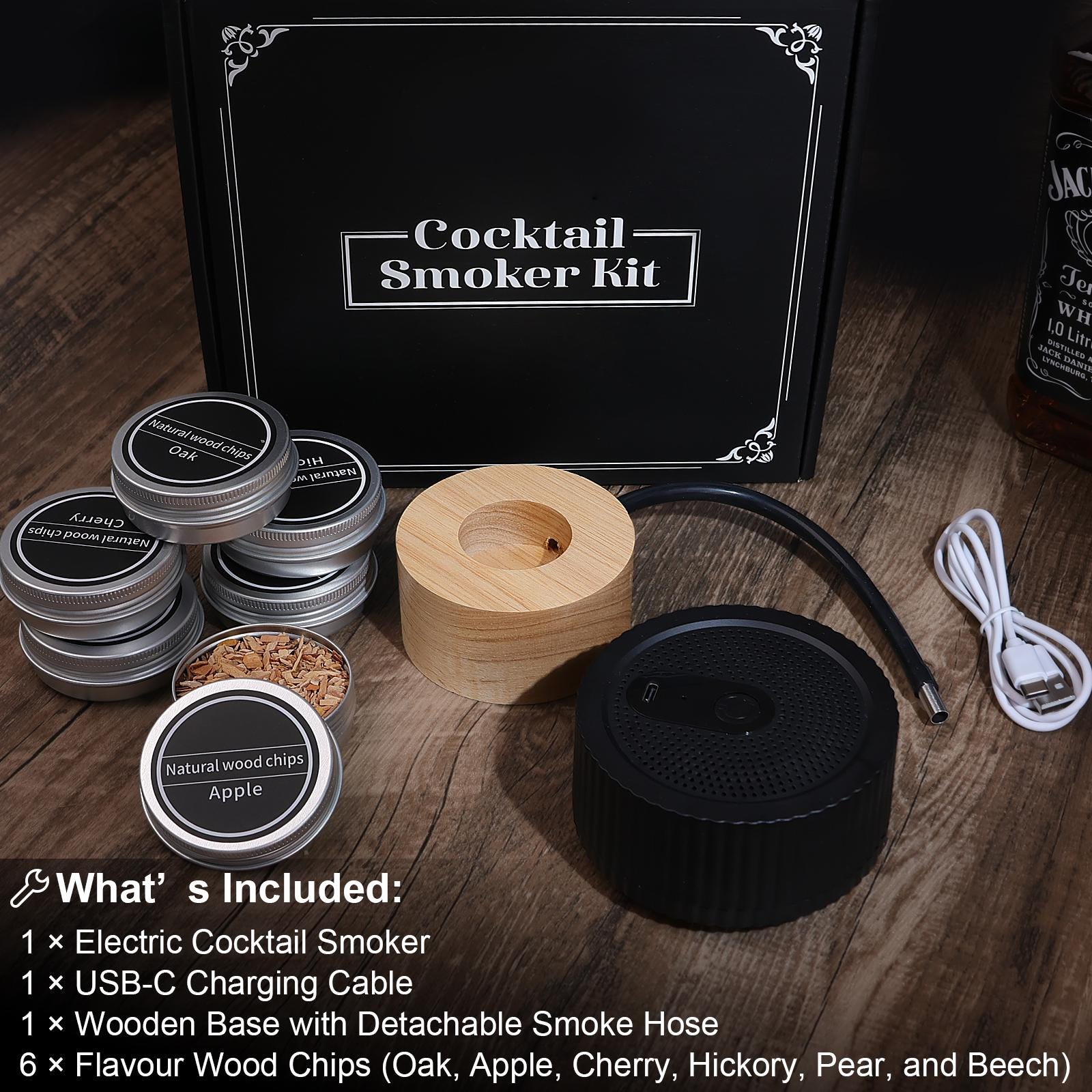 Rechargeable Cocktail Smoker Kit: Built-in Ignition, Wood Base & Hose ...