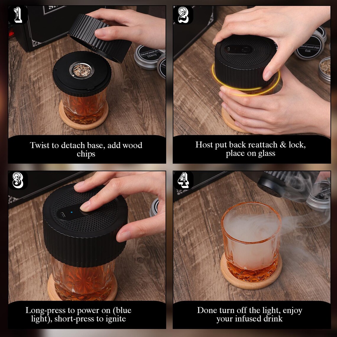 Rechargeable Cocktail Smoker Kit: Built-in Ignition, Wood Base & Hose ...