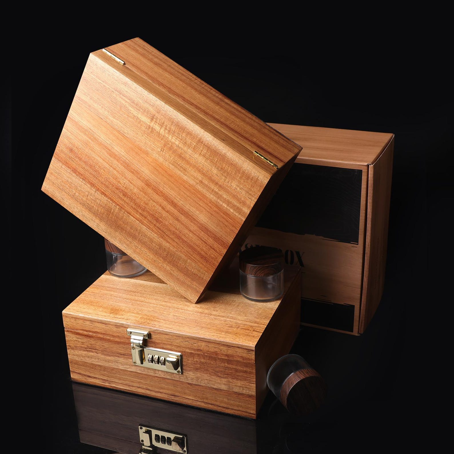 Custom Logo Acacia Wood Storage Box: Password Lock, Hygrometer, Glass ...
