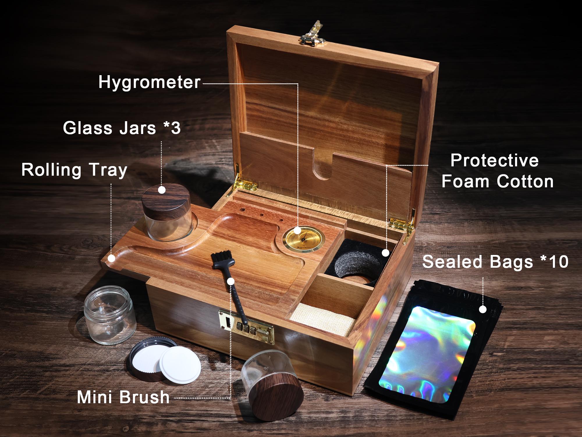 Custom Logo Acacia Wood Storage Box: Password Lock, Hygrometer, Glass ...