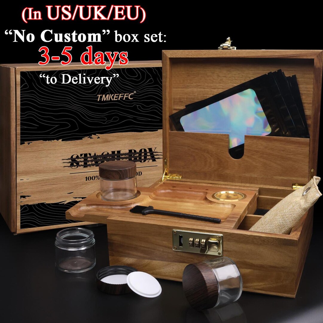 Acacia Wood Storage Box: Password Lock, Hygrometer, Glass Jars - Etsy