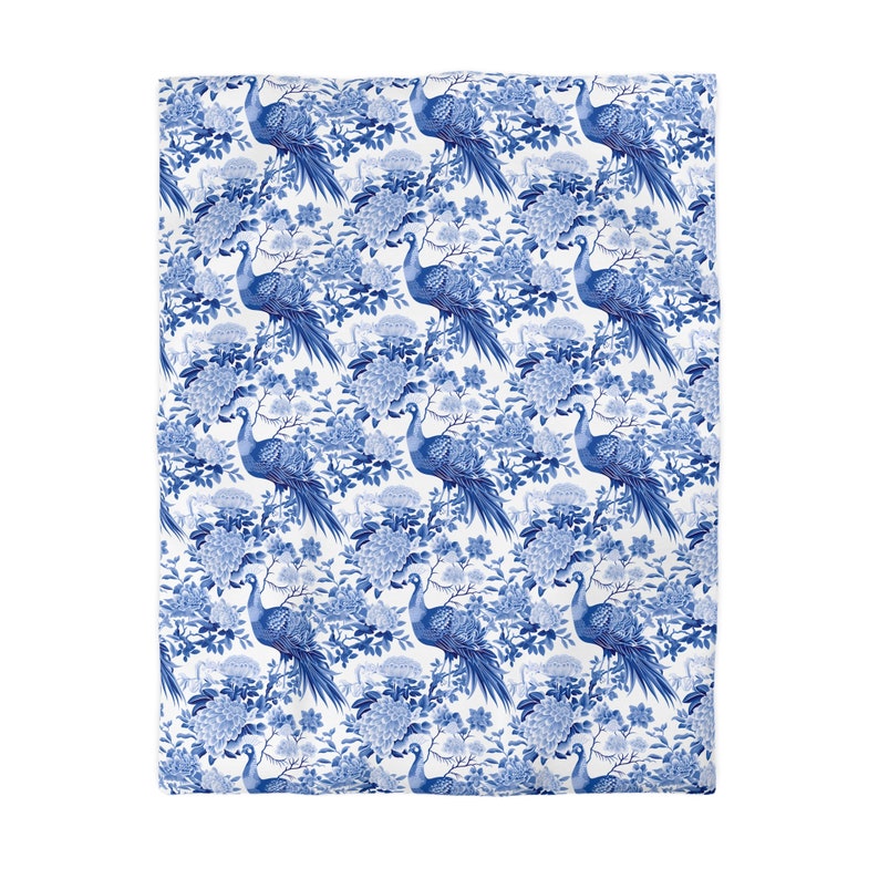 Blue and White Peacock Toile Bedding Duvet Cover Cozy Elegant Bedding ...