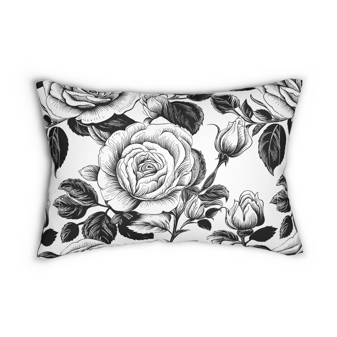Elegant Black and White Lumbar Pillow Rose Flowers Aesthetic Small ...