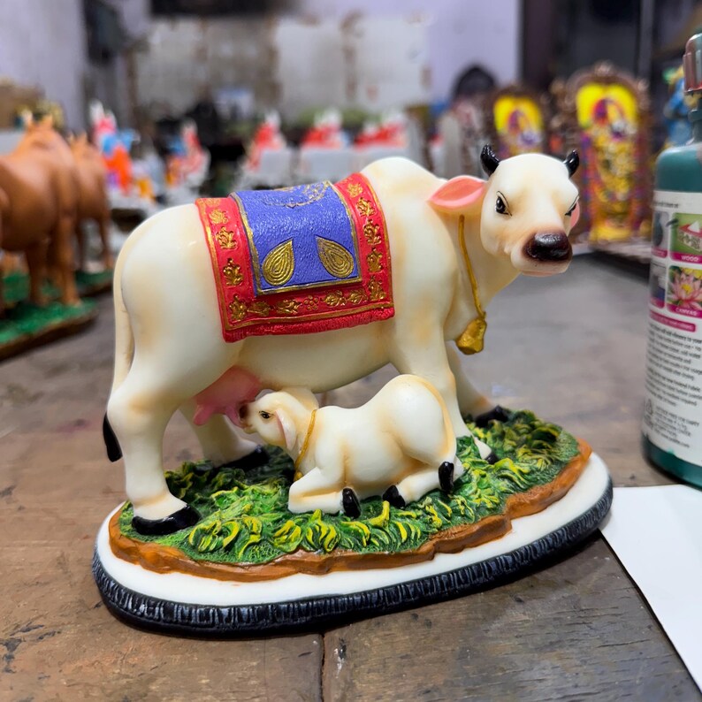 Medium Cow and Calf Idol Standing on Base-white Color-height-7"-resin ...