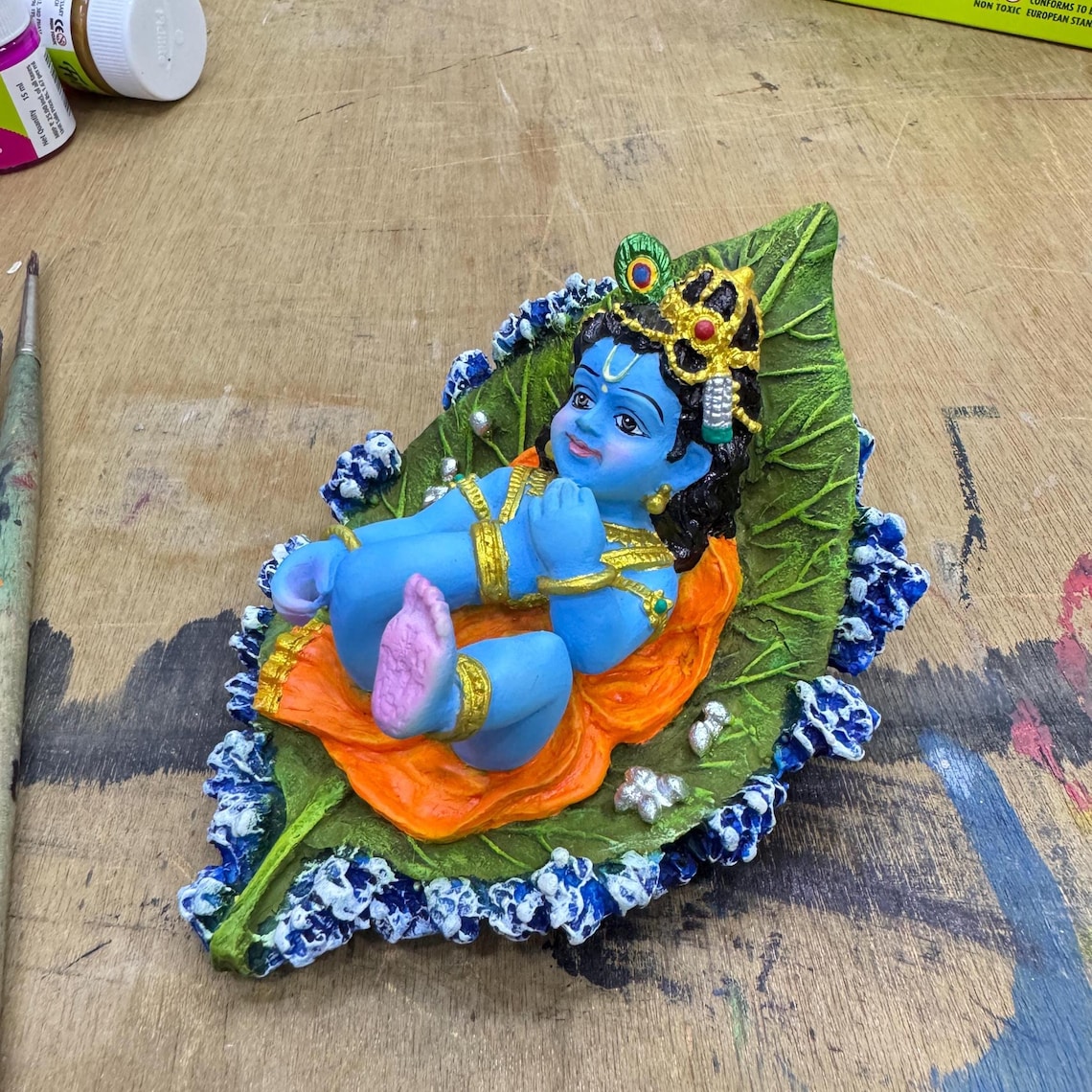 Baby Krishna Idol Floating on Leaves Playing Flute -handpainted-height ...