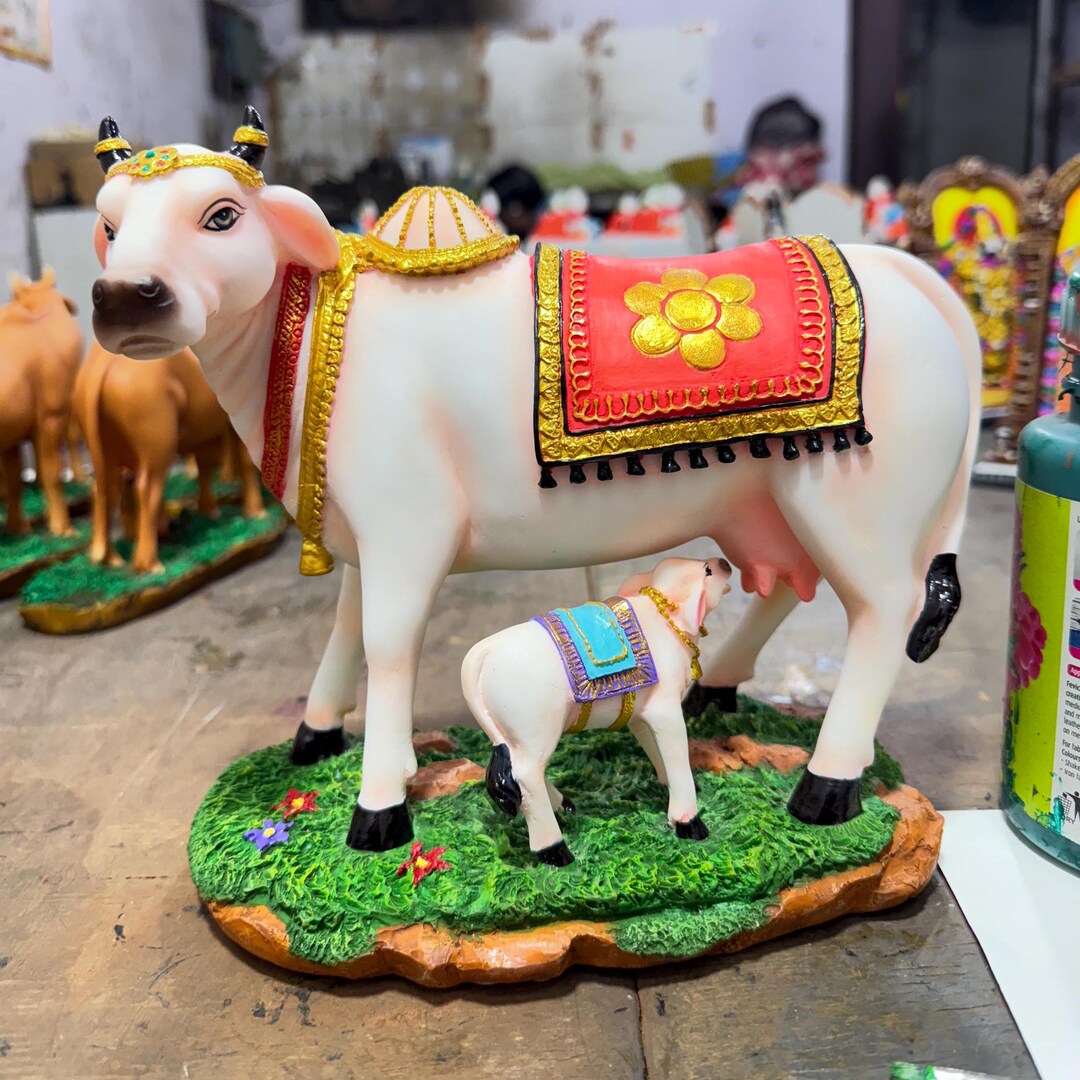 Cow and Calf Idol Standing on Base-white Color-height-7"-resin ...