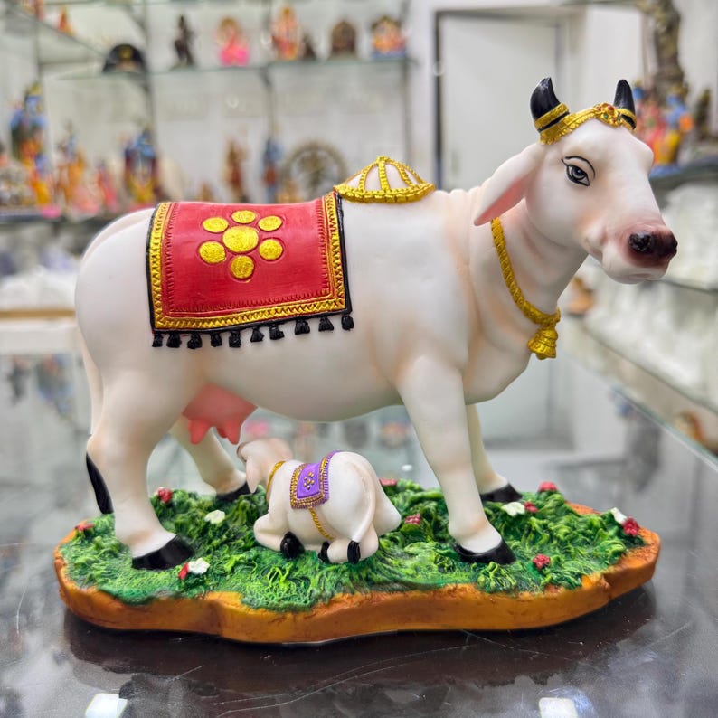Cow and Calf Idol Standing on Base-white Color-height-8" and 6.5"-resin ...