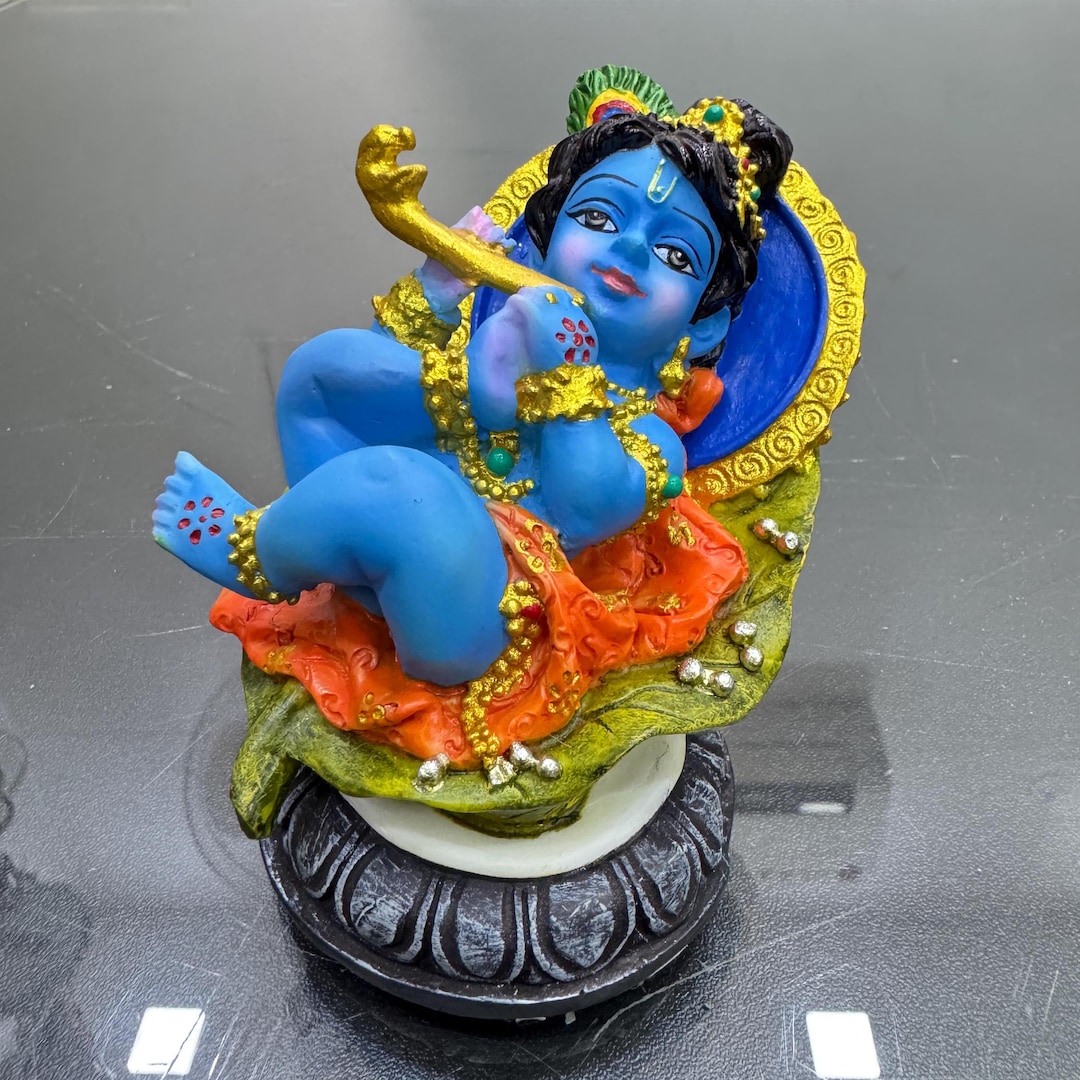 Baby Krishna Idol Floating on Leaves Playing Flute -handpainted-height ...