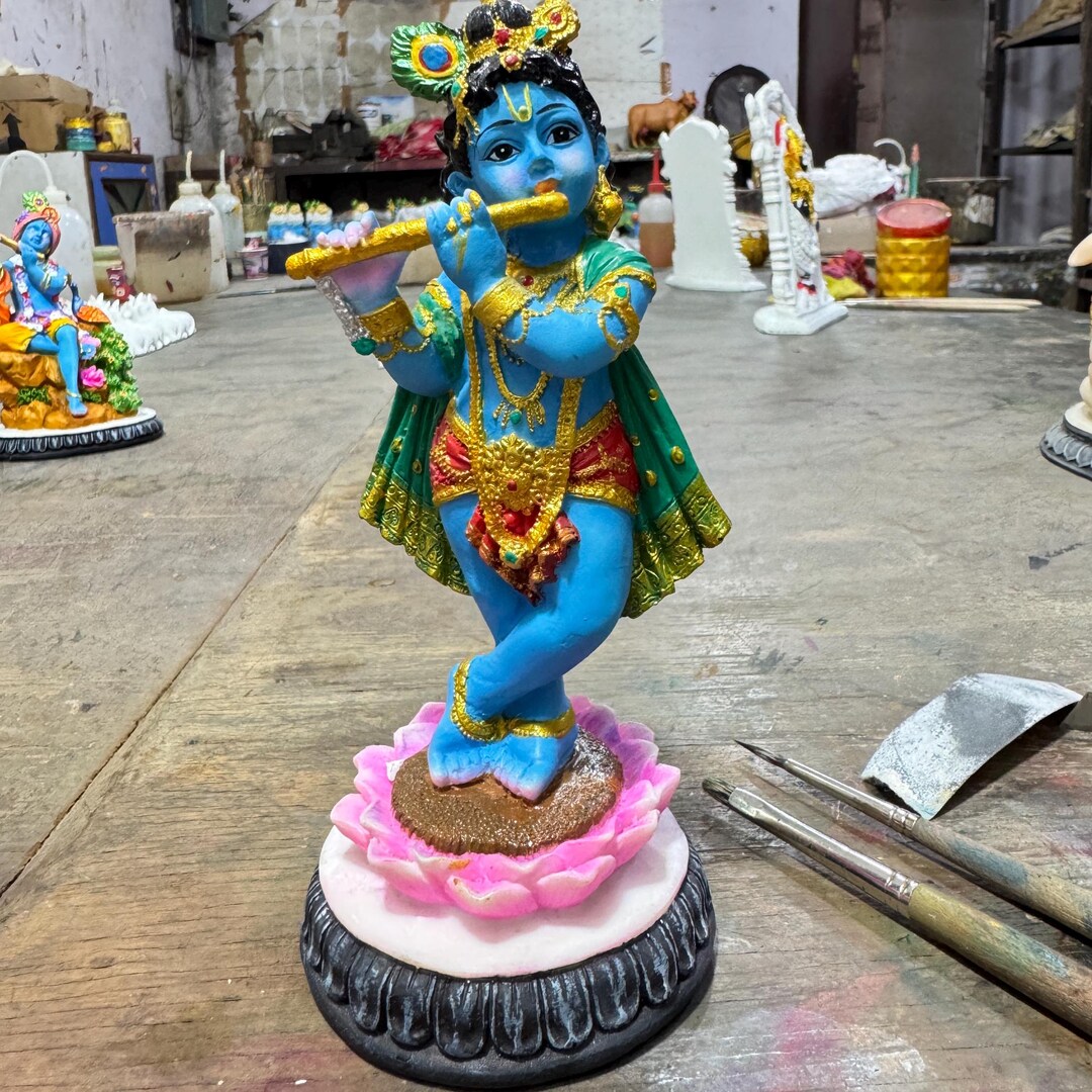Krishna Idol Playing Flute on Lotus Base-height-6 Inches-handpainted - Etsy