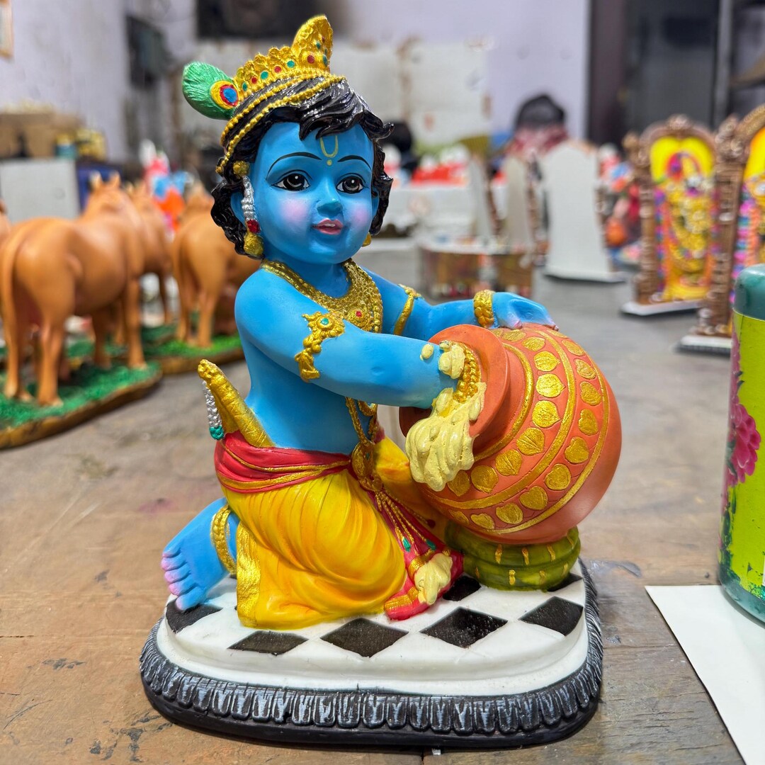 Baby Laddoo Gopal Krishna Idol Sitting With Maakhan Pot on Turban ...