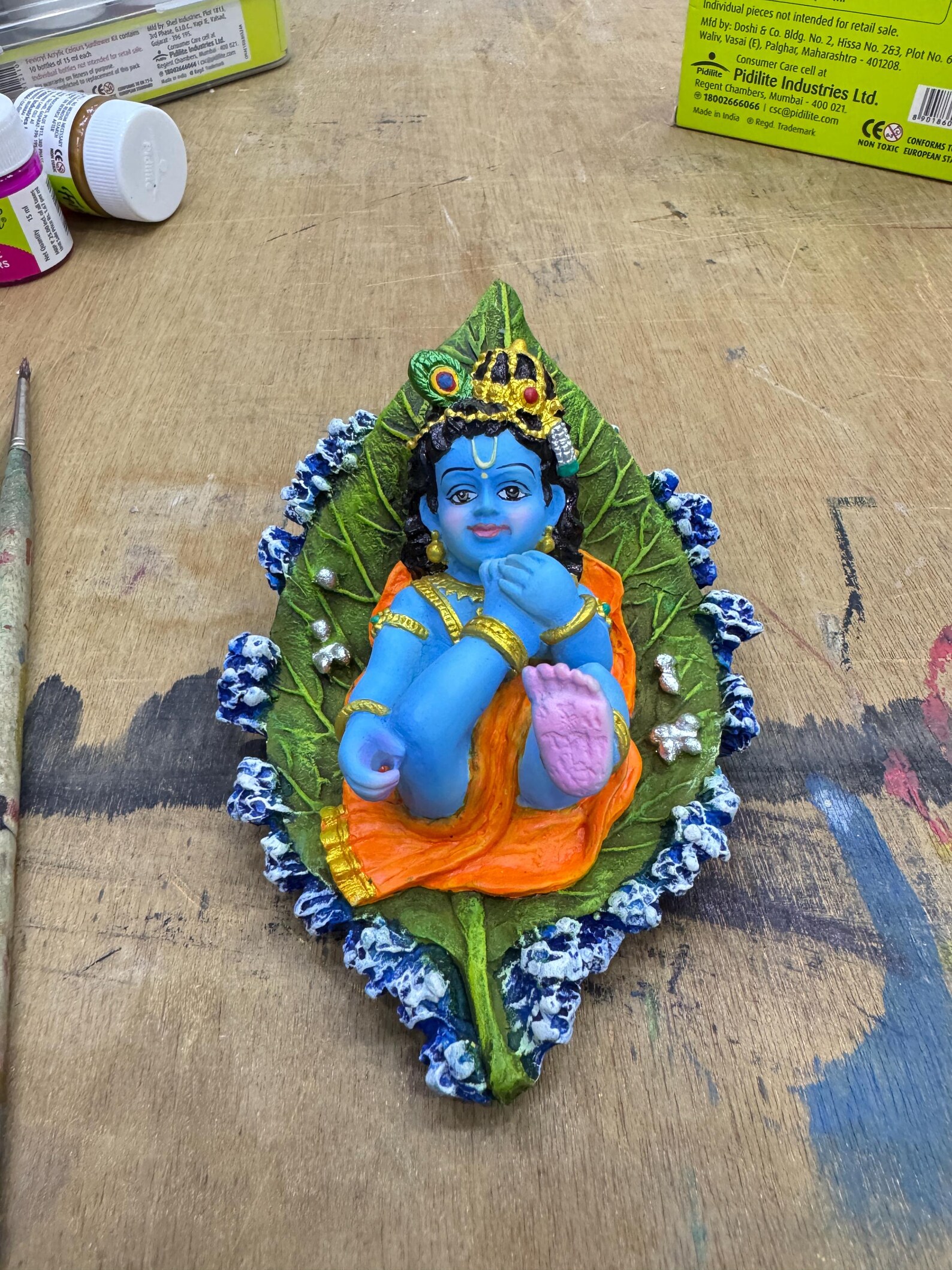 Baby Krishna Idol Floating on Leaves Playing Flute -handpainted-height ...