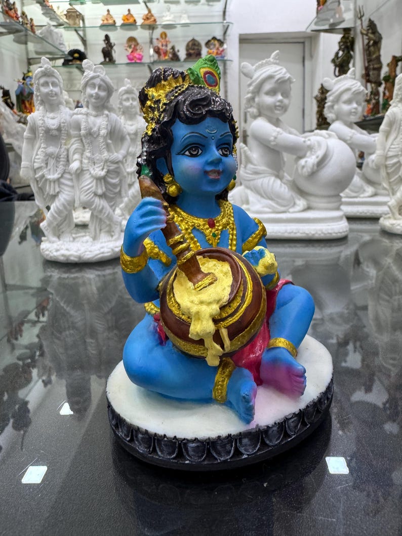 Baby Krishna Idol With Flute In Butter Pot Handpainted Height 5 5