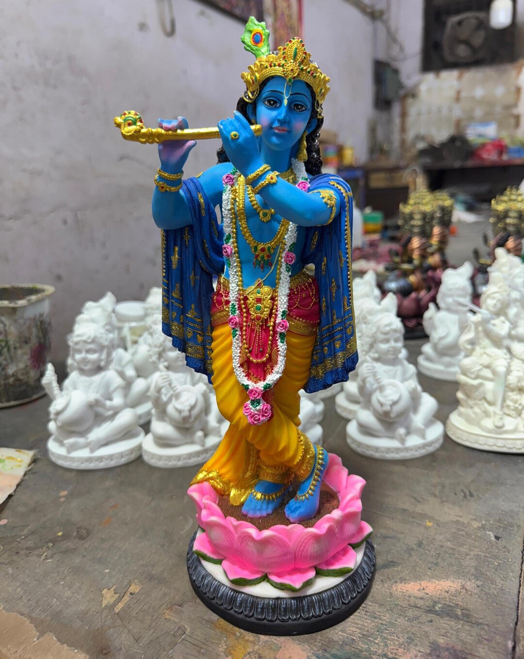 Krishna Idol Playing Flute on Lotus Base-height-10.5 Inches-handpainted ...