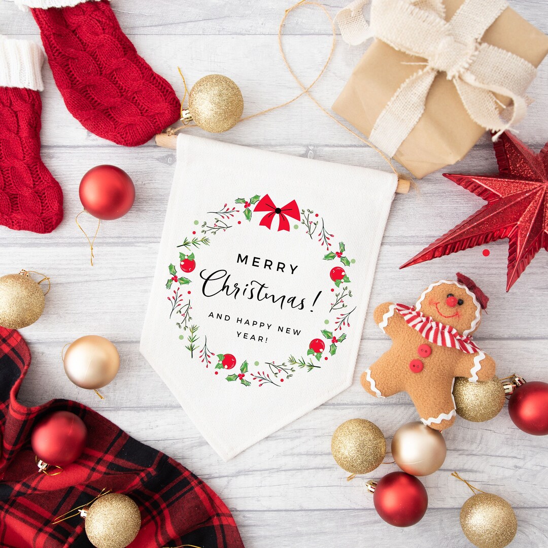 Merry Christmas Pennant, Christmas Banner, Christmas Wreath Garland ...