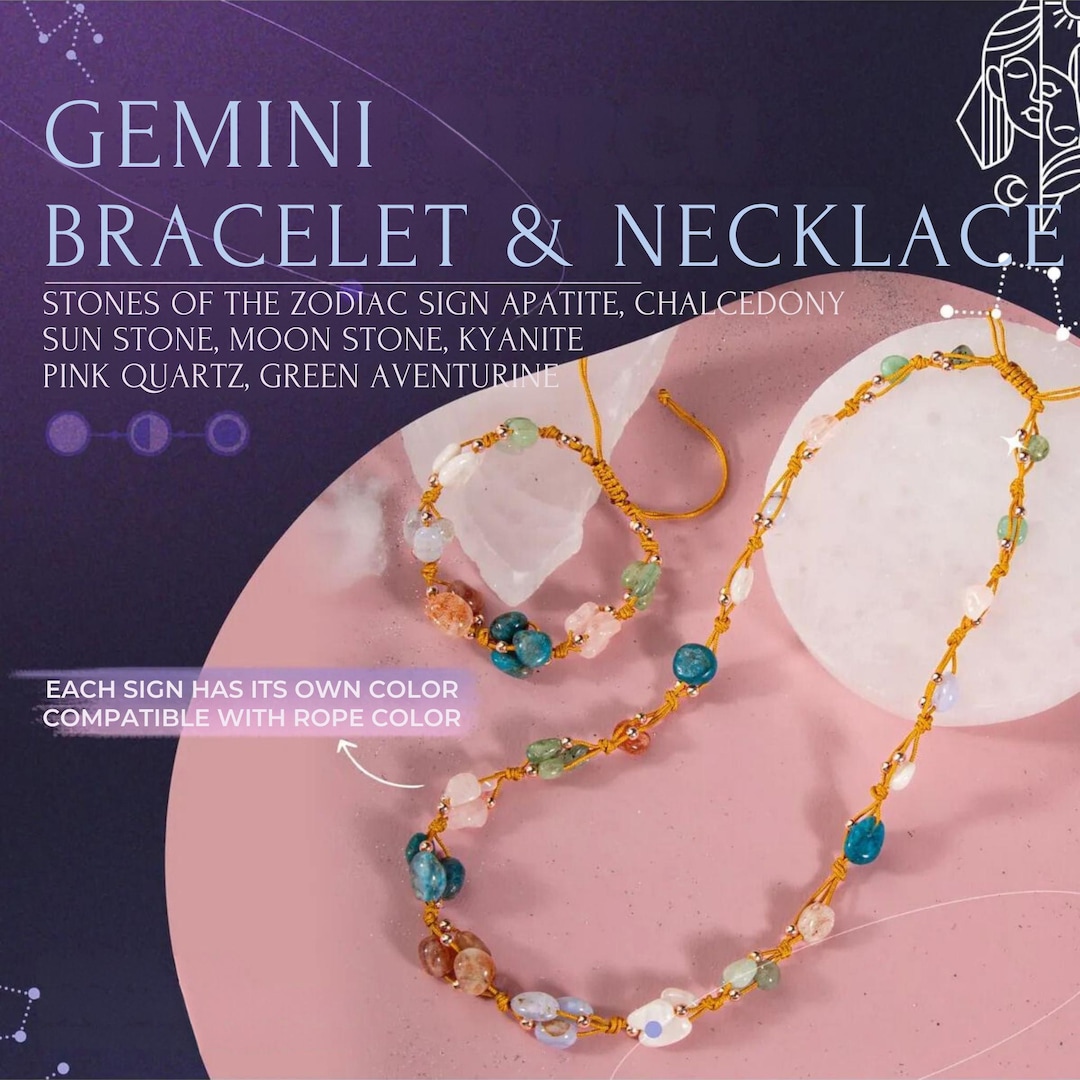 Gemini Zodiac Natural Stone Jewelry Set Adjustable Necklace and ...