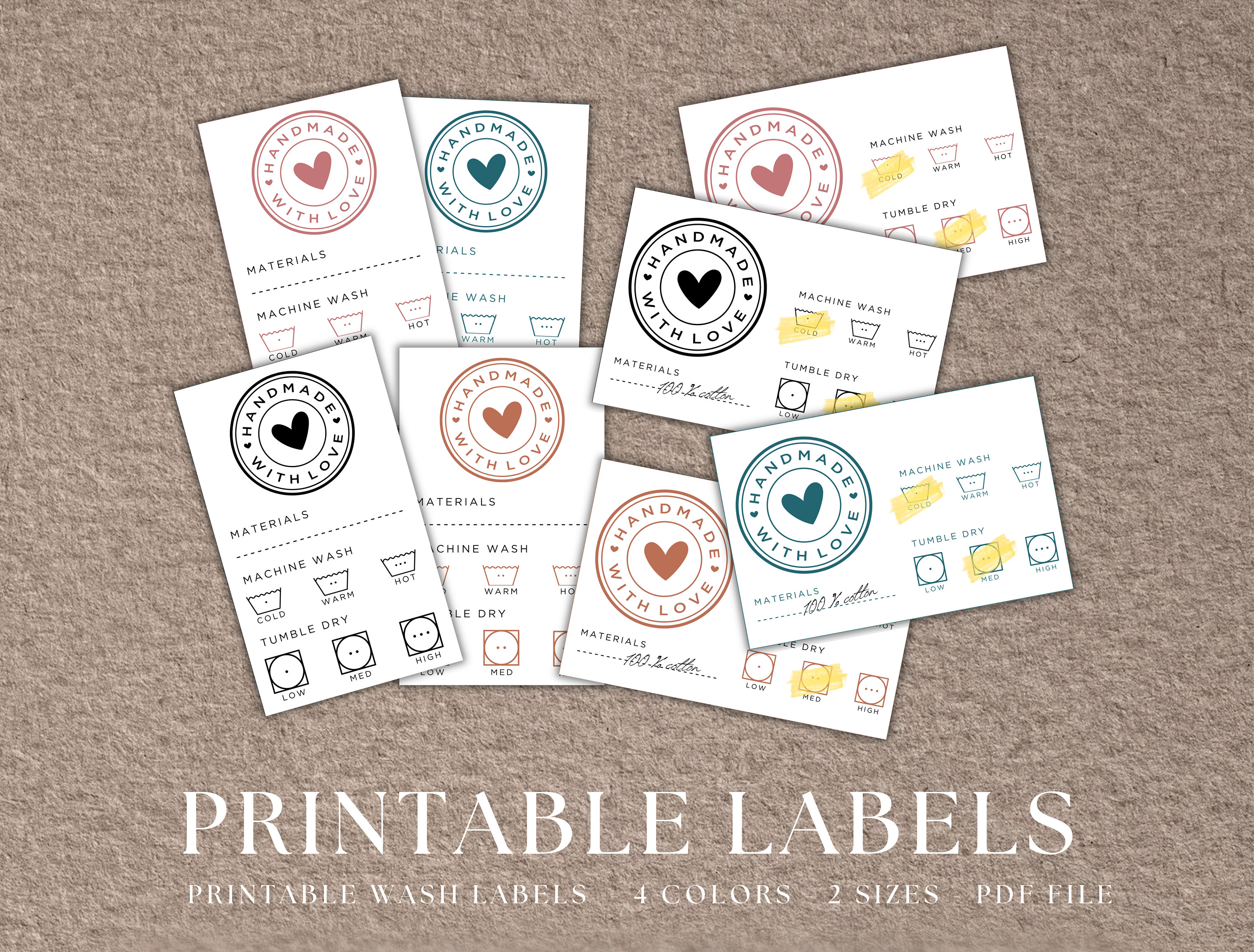 Washing Instructions Care Cards, Printable Care Tags Labels - 4 Colors ...
