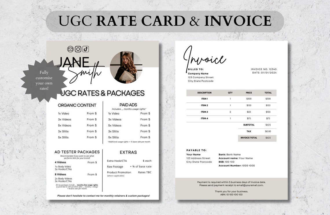 UGC Template Package: Portfolio, Rate Card, Invoice, Email Signature ...