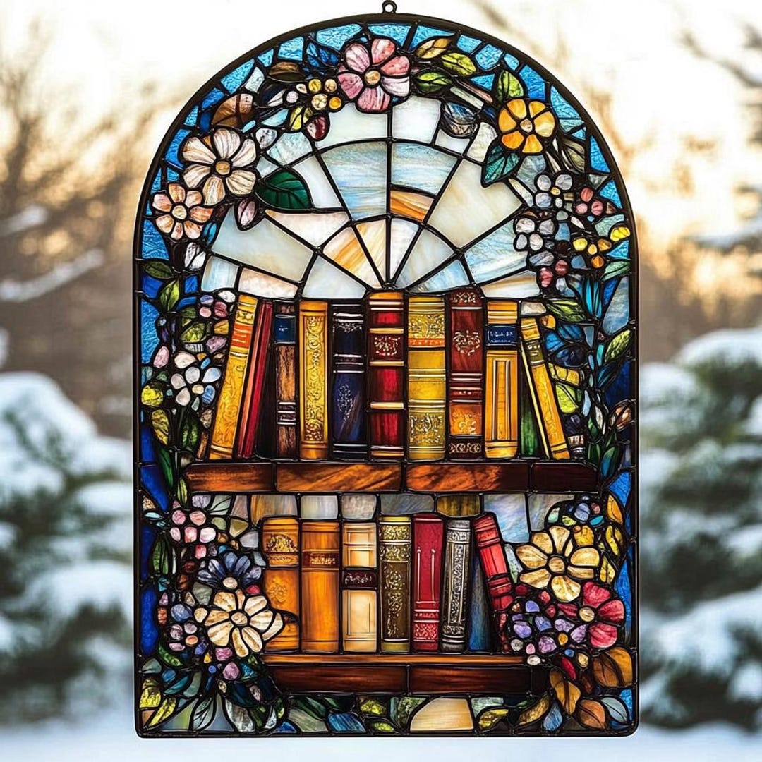 Library Bookshelf Acrylic Suncatcher, Faux Stained Glass Book Lover ...