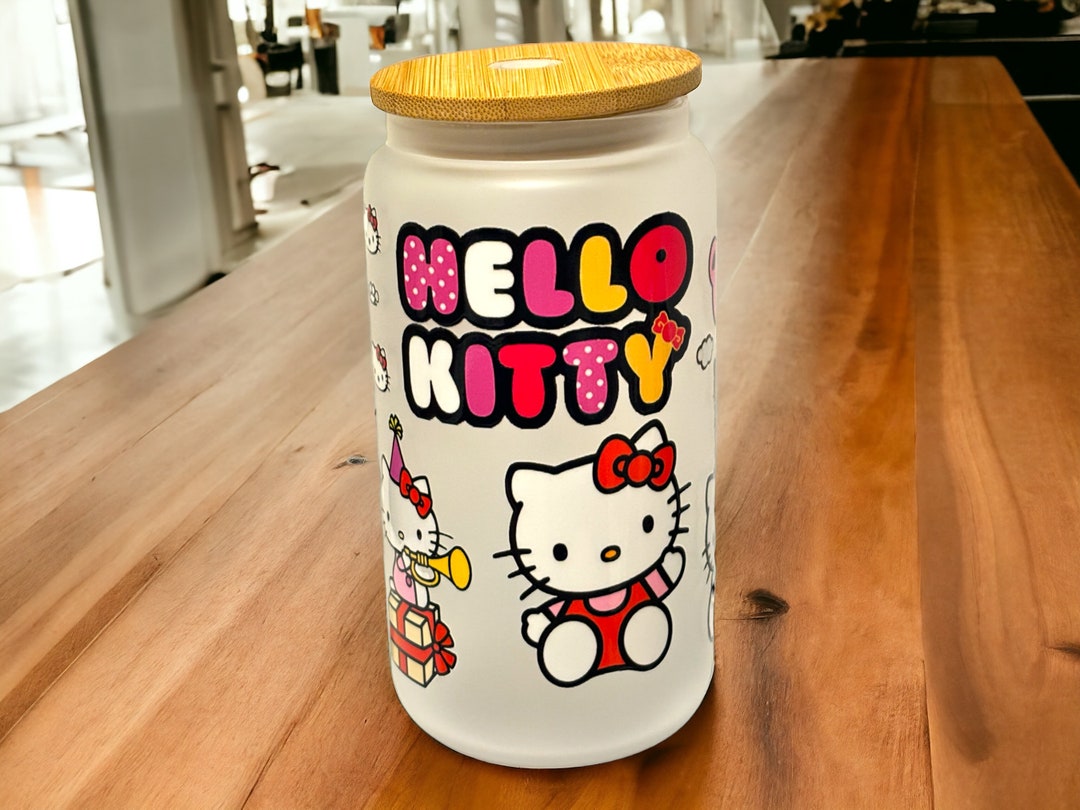 Hello Kitty Frosted Glass Design Cup With Bamboo or Acrylic Lid, Straw ...