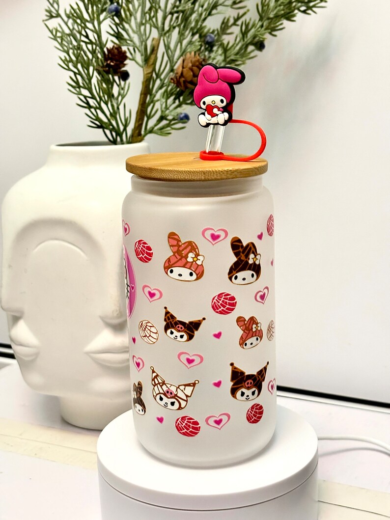 Hello Kitty, Kuromi Frosted Glass Design Cup With Bamboo Lid, Straw and ...