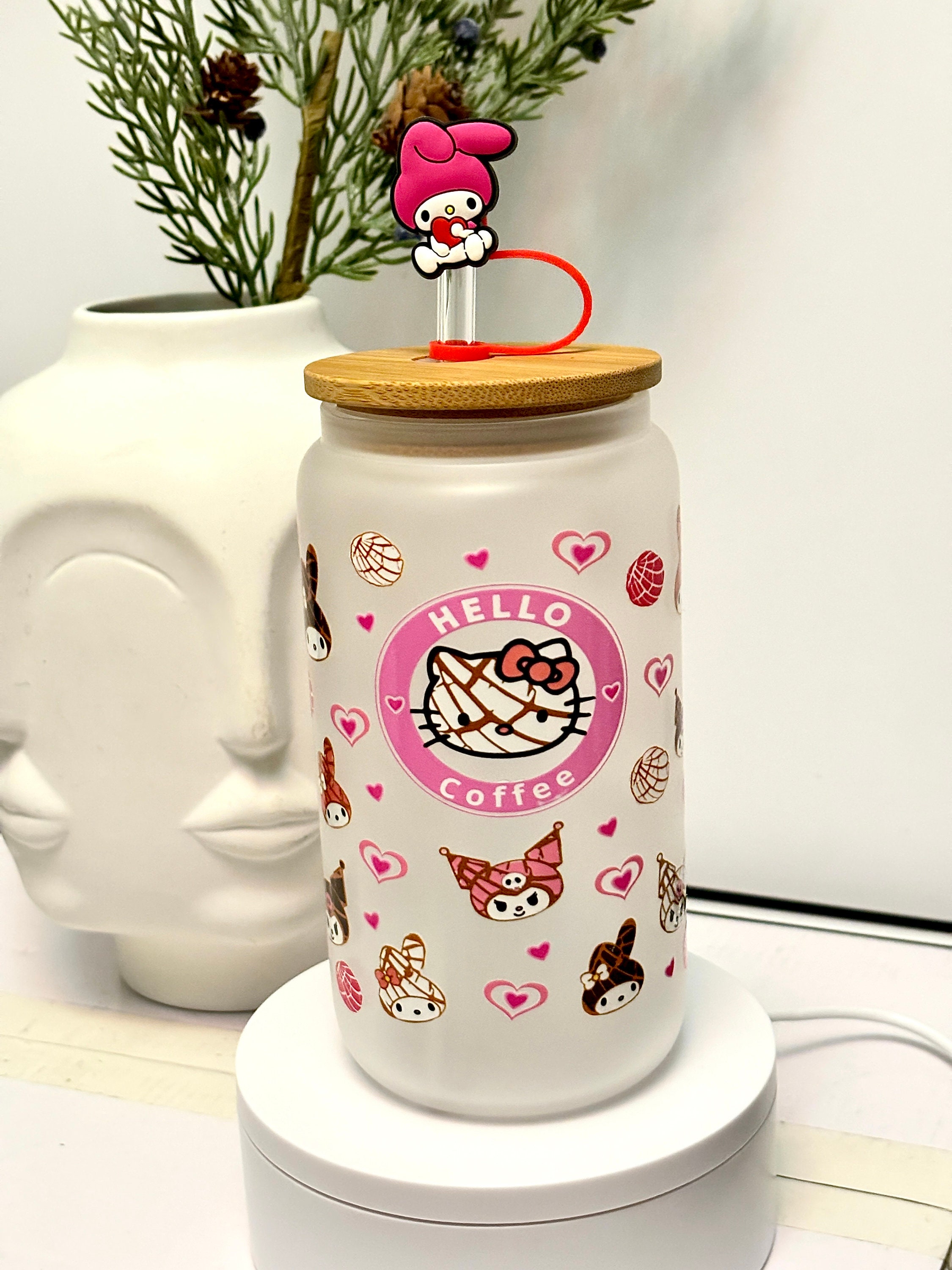 Hello Kitty, Kuromi Frosted Glass Design Cup With Bamboo Lid, Straw and ...