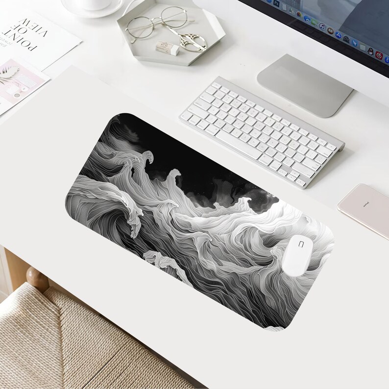 Black and White Waves Desk Mat, Large Mouse Pad, Anime Aesthetic Desk ...
