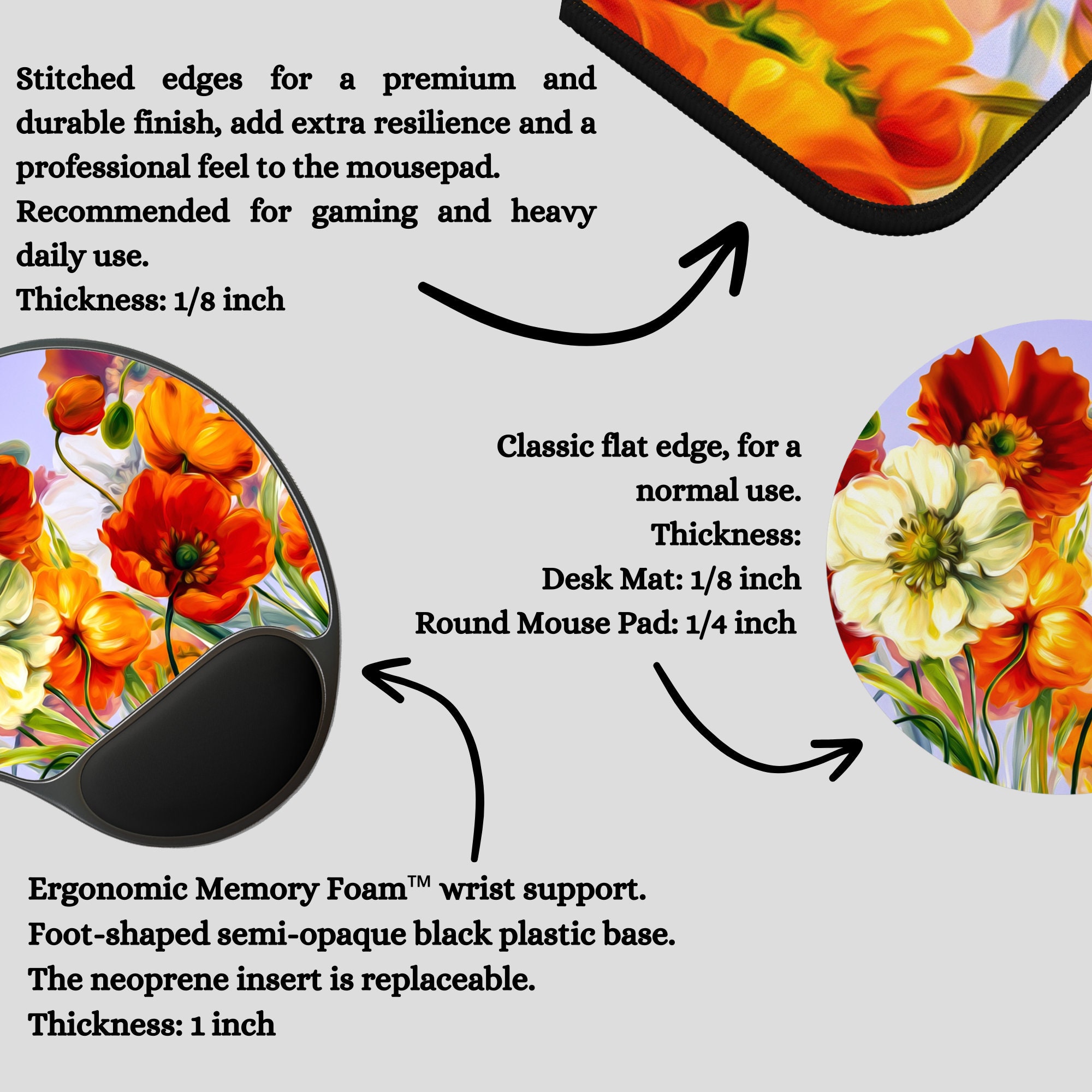 Wildflower Cute Deskmat, Aesthetic Flower Desk Decor, Poppy Mouse Pad, Large Mousepad, Table ...