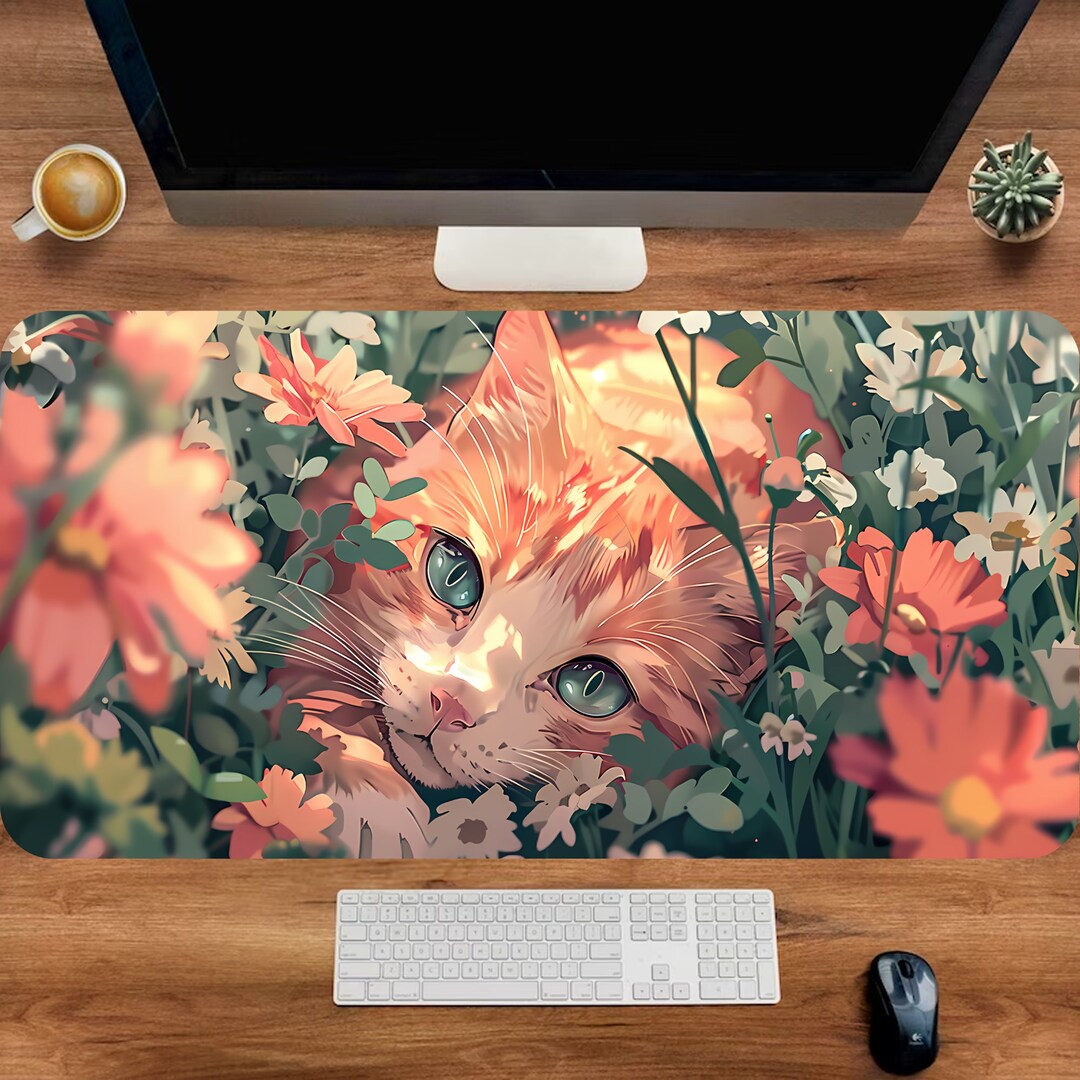 Cat Deskmat, Pink Desk Mat, Cute Cat Gaming Desk Pad, Flowers Mouse Pad ...