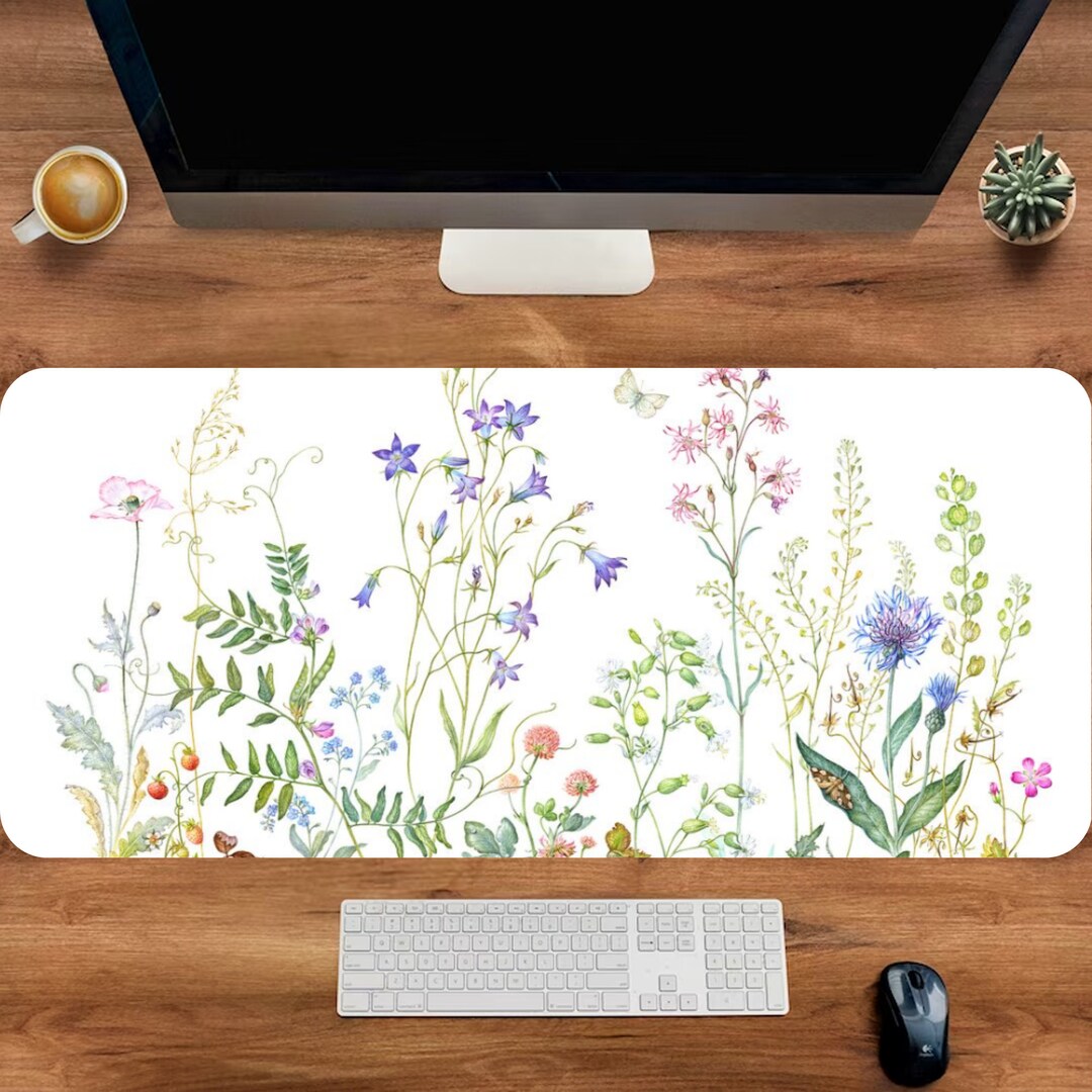White Floral Mouse Pad, Wildflower Desk Mat, Botanical Desk Mat, Nature ...