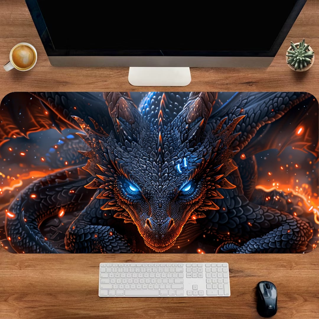 Dragon Mousepad, Blue Gaming Mouse Pad, Mythological Animals Desk Mat ...