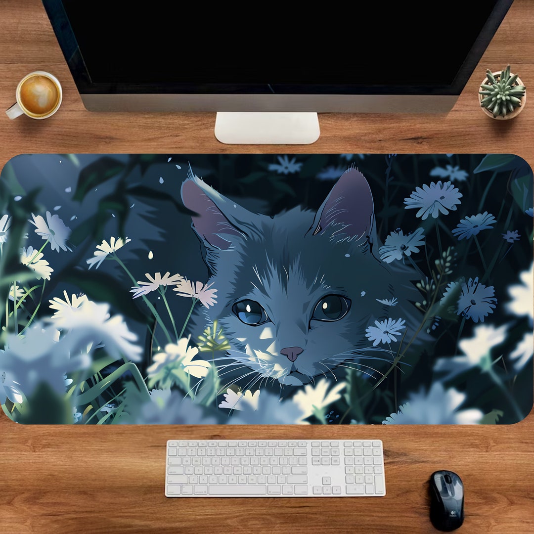 Cat Deskmat, White Desk Mat, Cute Cat Gaming Desk Pad, Flowers Mouse ...