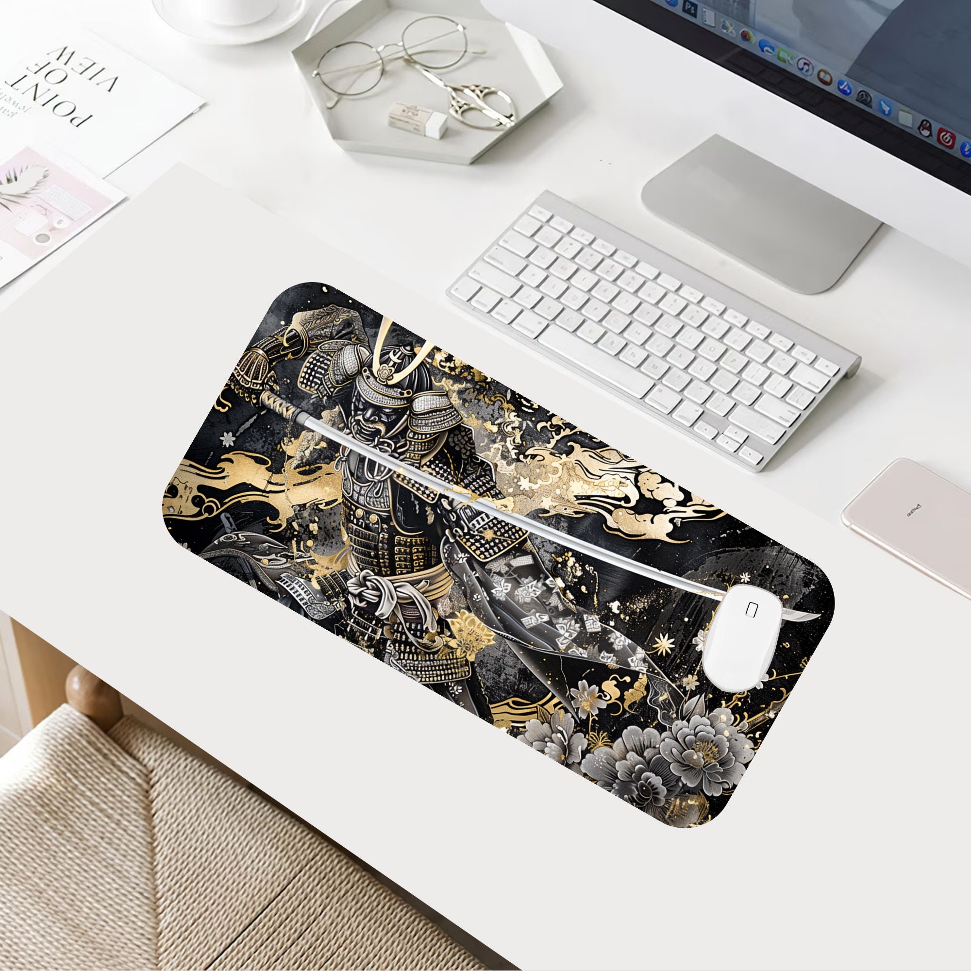 Samurai Japanese Gaming Mouse Pad, Black Desk Mat, Anime Mousepad, Cute ...