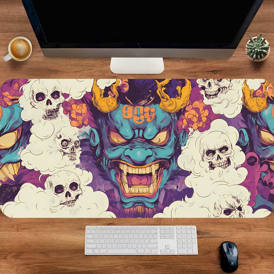 Oni Mask Mousepad, Skull Desk Mat, Japanese Gaming Mouse Pad, Samurai ...