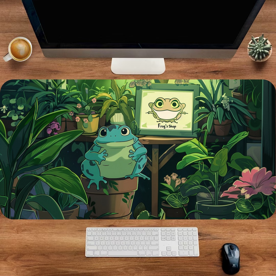 Kawaii Green Frog Mouse Pad, Cute Frog Desk Mat, Floral Deskmat, Anime ...