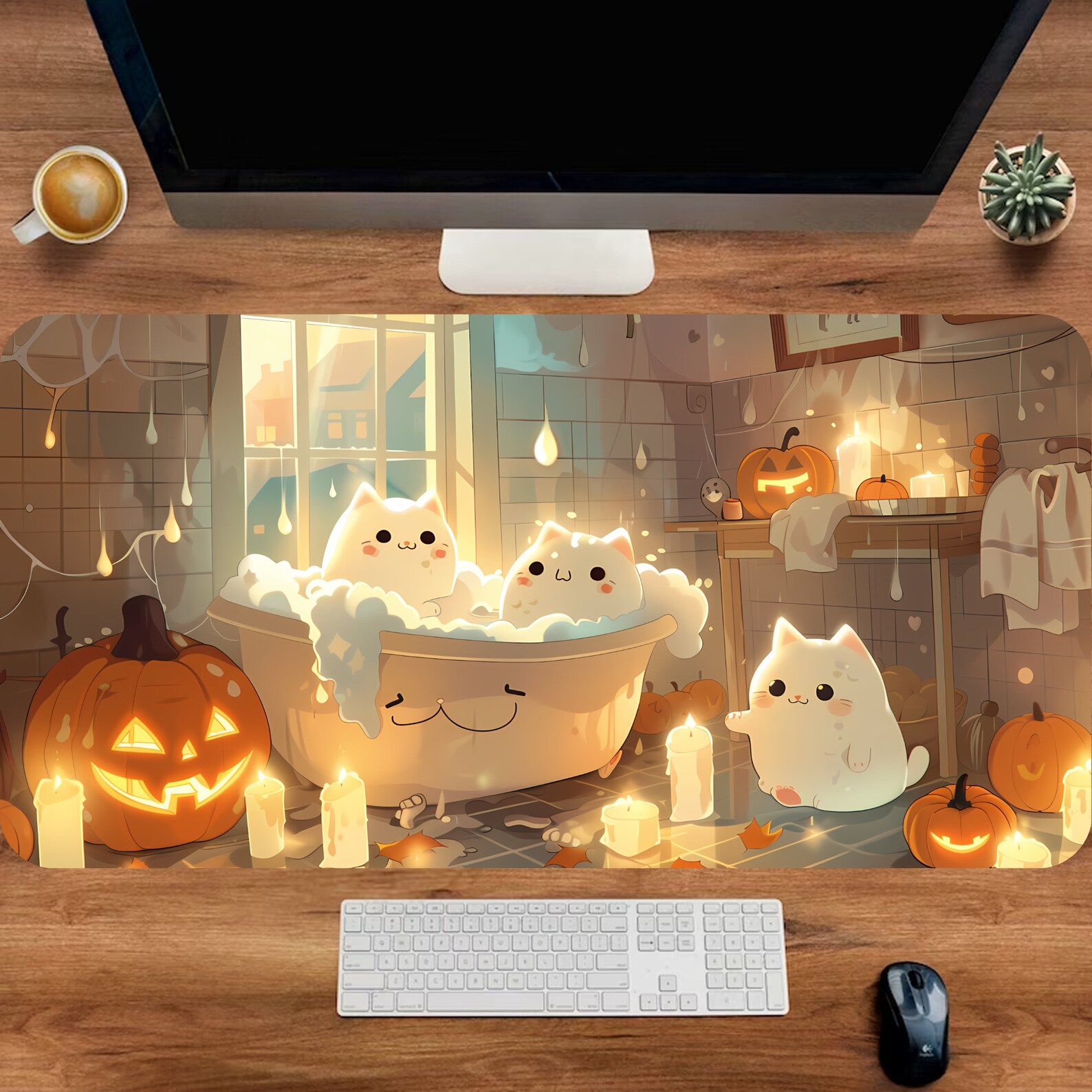 Spooky Ghost Cat Desk Mat, Cute Ghost Mouse Pad, Goth Deskmat ...