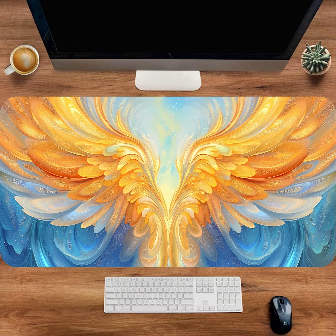 Angel Wings Desk Mat, Gold Deskmat, Celestial Mousepad, Colorful Desk ...