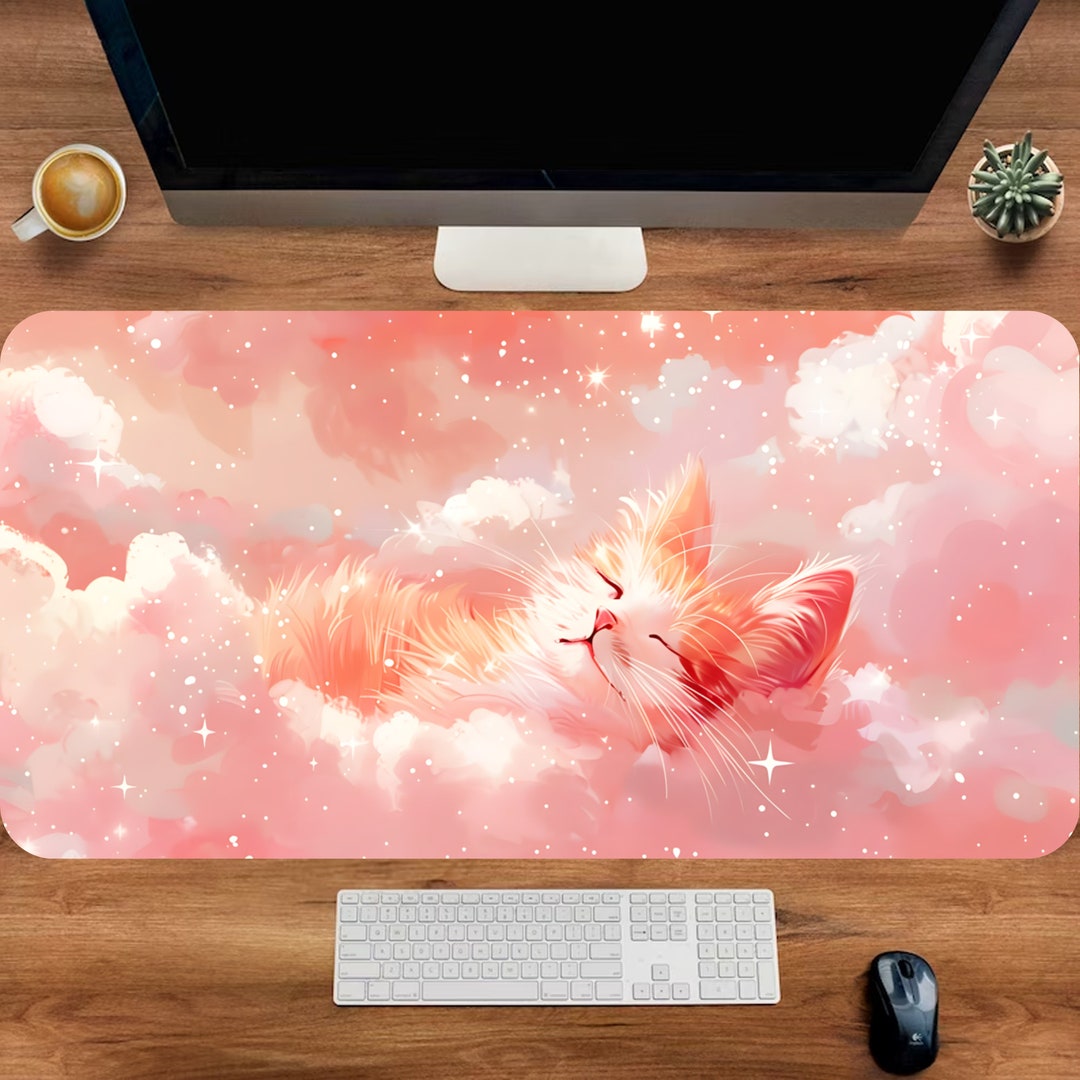 Cute Desk Mat, Pink Cat Desk Mat, Kawaii Pink Desk Mat, Anime Desk Mat ...