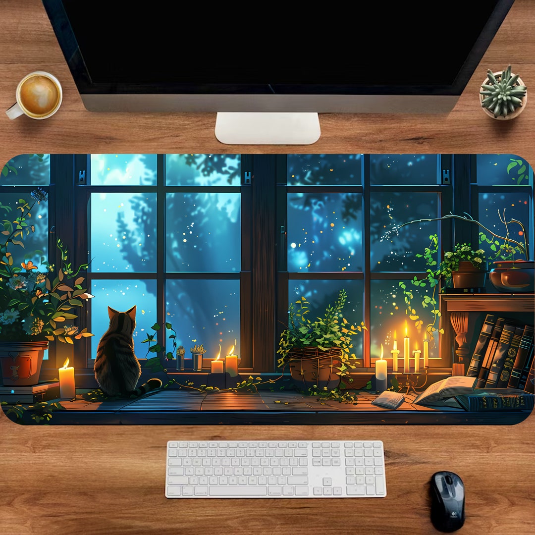Cute Cat Deskmat, Candlelight Desk Mat, Cozy Cat Mouse Pad, Floral ...
