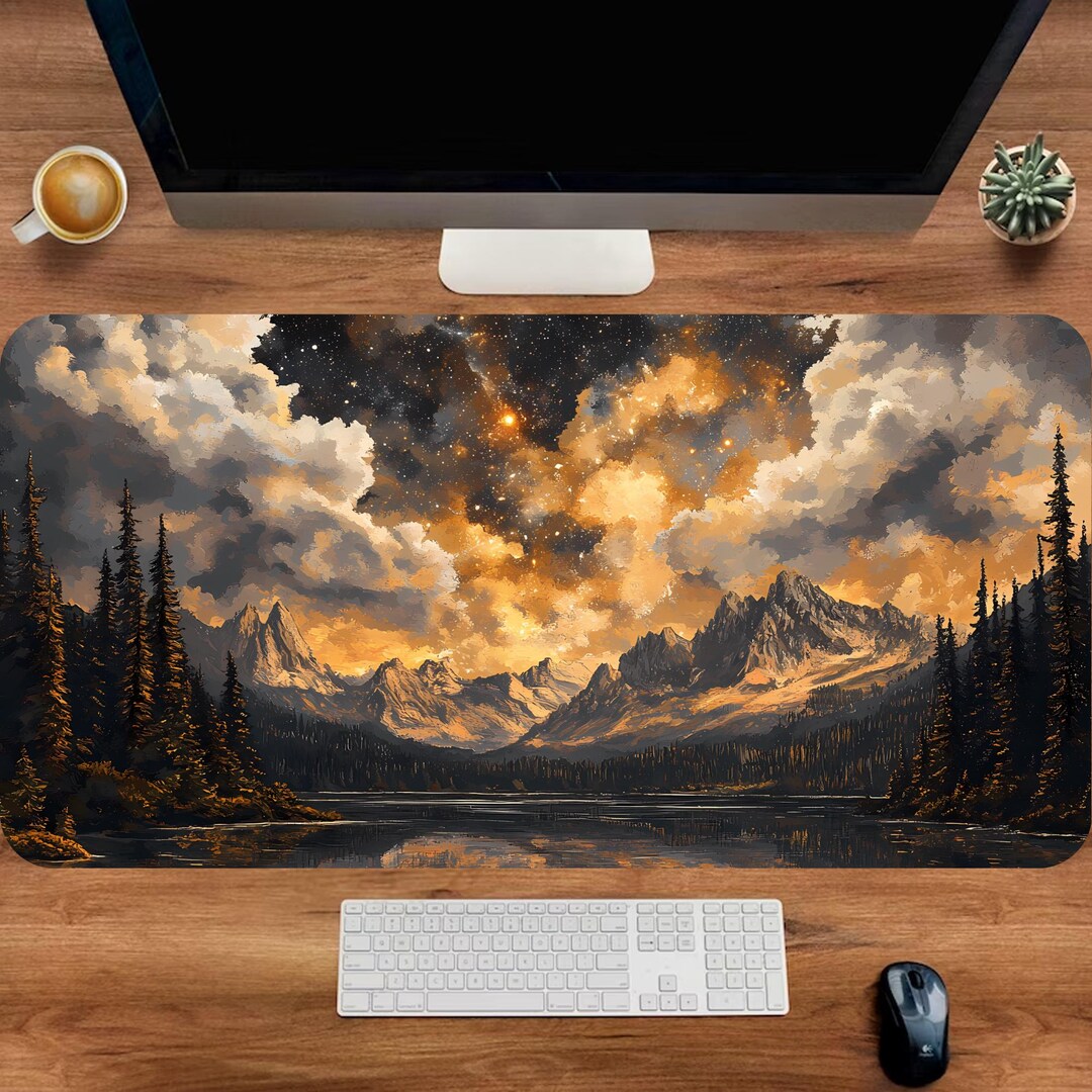 Mountain - Landscape Mouse Pad, Forest Deskpad, Gold Cloud Mousepad ...