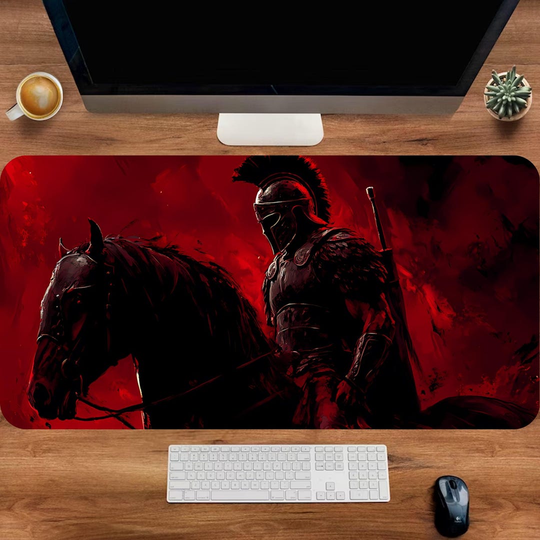 Greek Spartan Gaming Desk Pad, Red and Black Mouse Pad, Warrior Desk ...