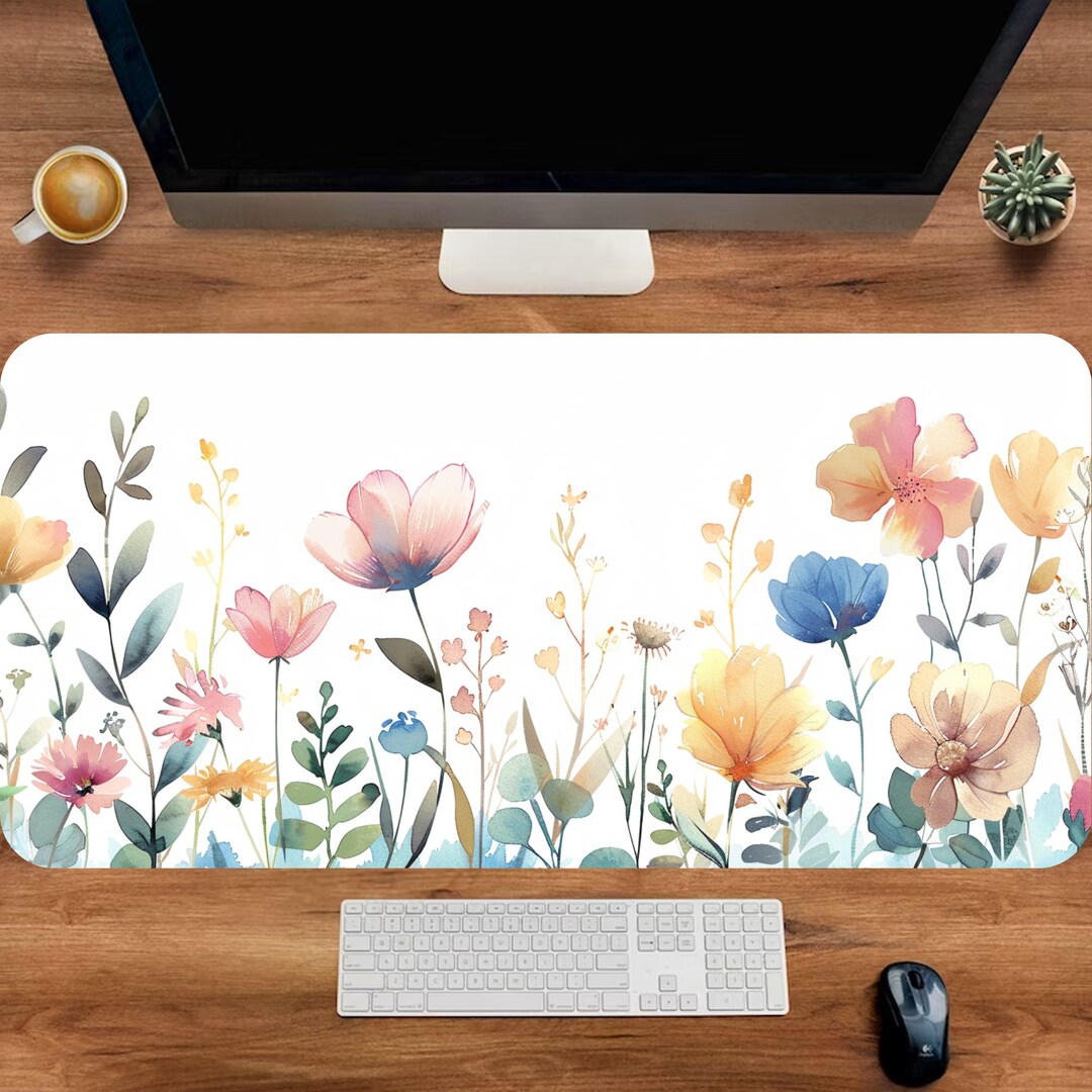 Wildflower Desk Mat, Botanical Nature Mouse Pad, Watercolor Flowers ...