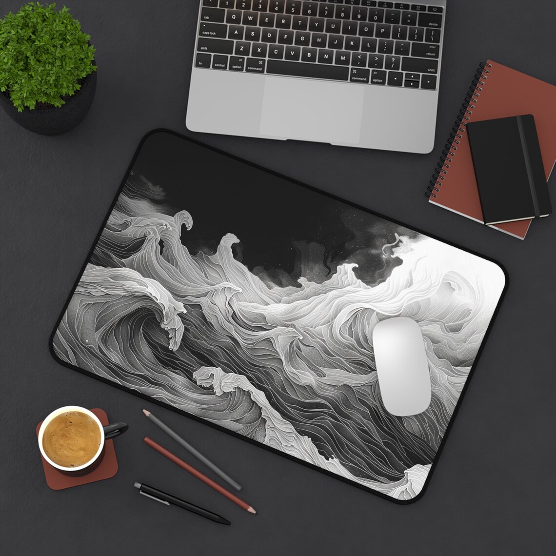 Black and White Waves Desk Mat, Large Mouse Pad, Anime Aesthetic Desk ...