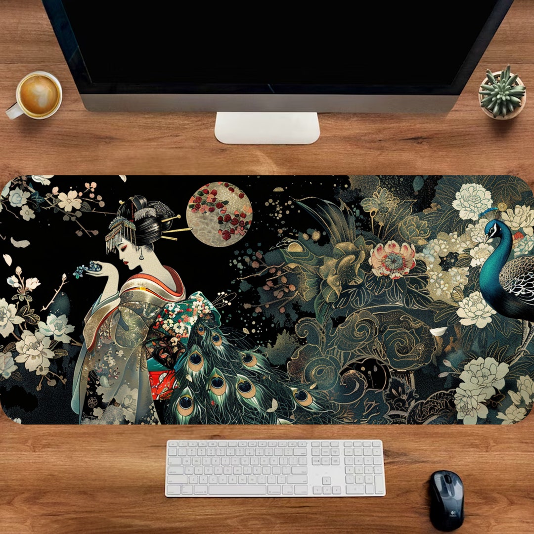 Japanese Geisha Mouse Pad, Peacock Blue Desk Mat, Cute Floral Desk Pad ...