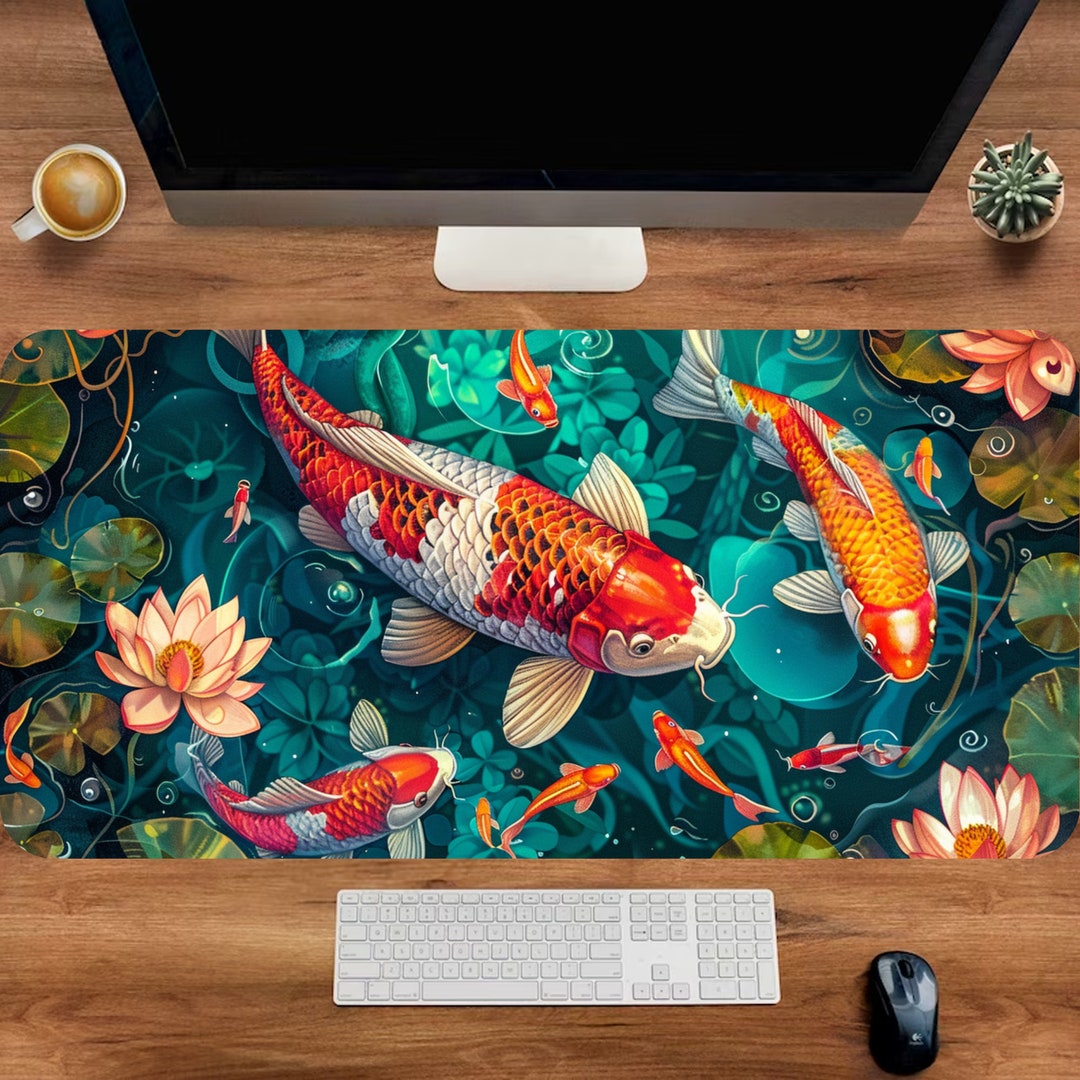 Koi Pond Desk Mat, Fish Gaming Mouse Pad, Floral - Water Lilies Mouse ...