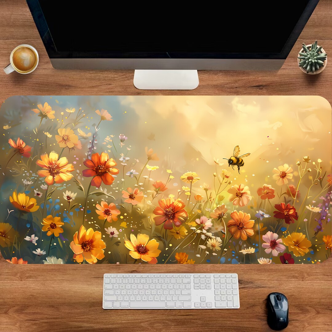 Bee Desk Mat, Cute Gaming Mouse Pad, Gold Large Deskmat, Wildflowers ...