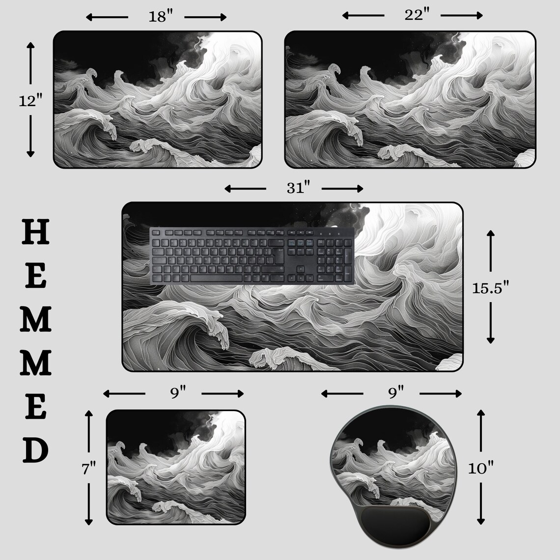 Black and White Waves Desk Mat, Large Mouse Pad, Anime Aesthetic Desk ...