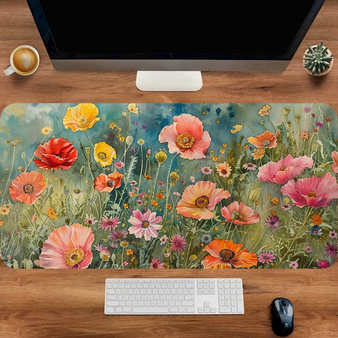 Wildflower Cute Deskmat, Aesthetic Flower Desk Decor, Poppy Mouse Pad ...