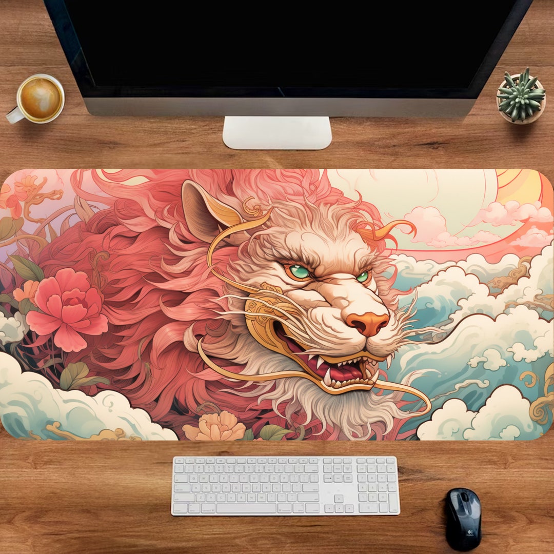 Lion Gaming Desk Mat, Pink Gaming Mouse Pad, Anime Desk Mat, Japanese ...