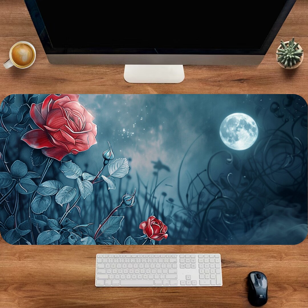 Dark Rose Gaming Desk Mat - Large Non-slip Mouse Pad, Moon Deskmat ...